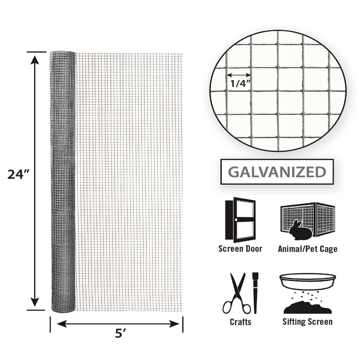 Garden Zone 24in X 5ft Galvanized Hardware Cloth With 1/4in Openings ...