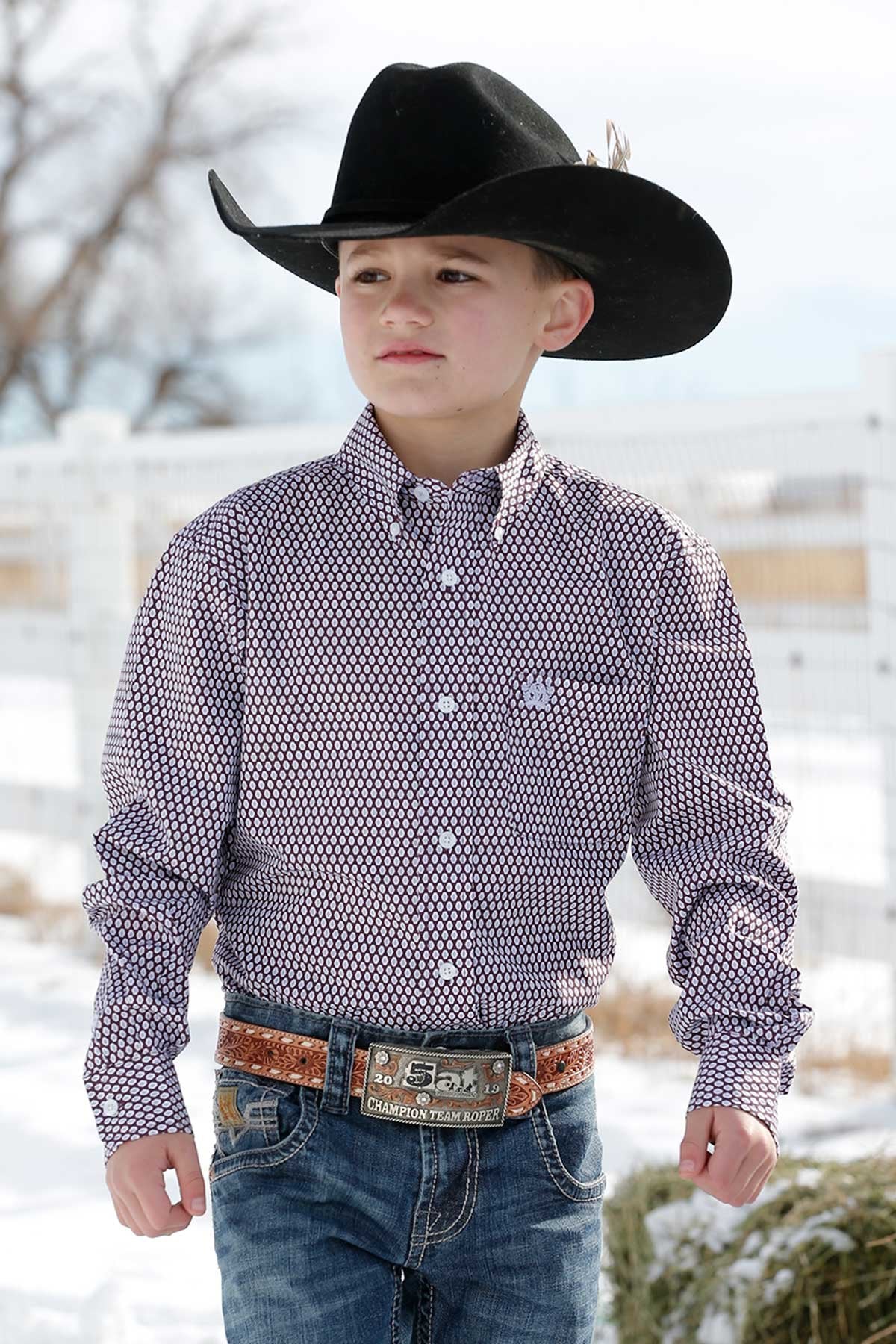 Cinch Boy's Match Dad Geometric Print Button-Down Long Sleeve Western ...